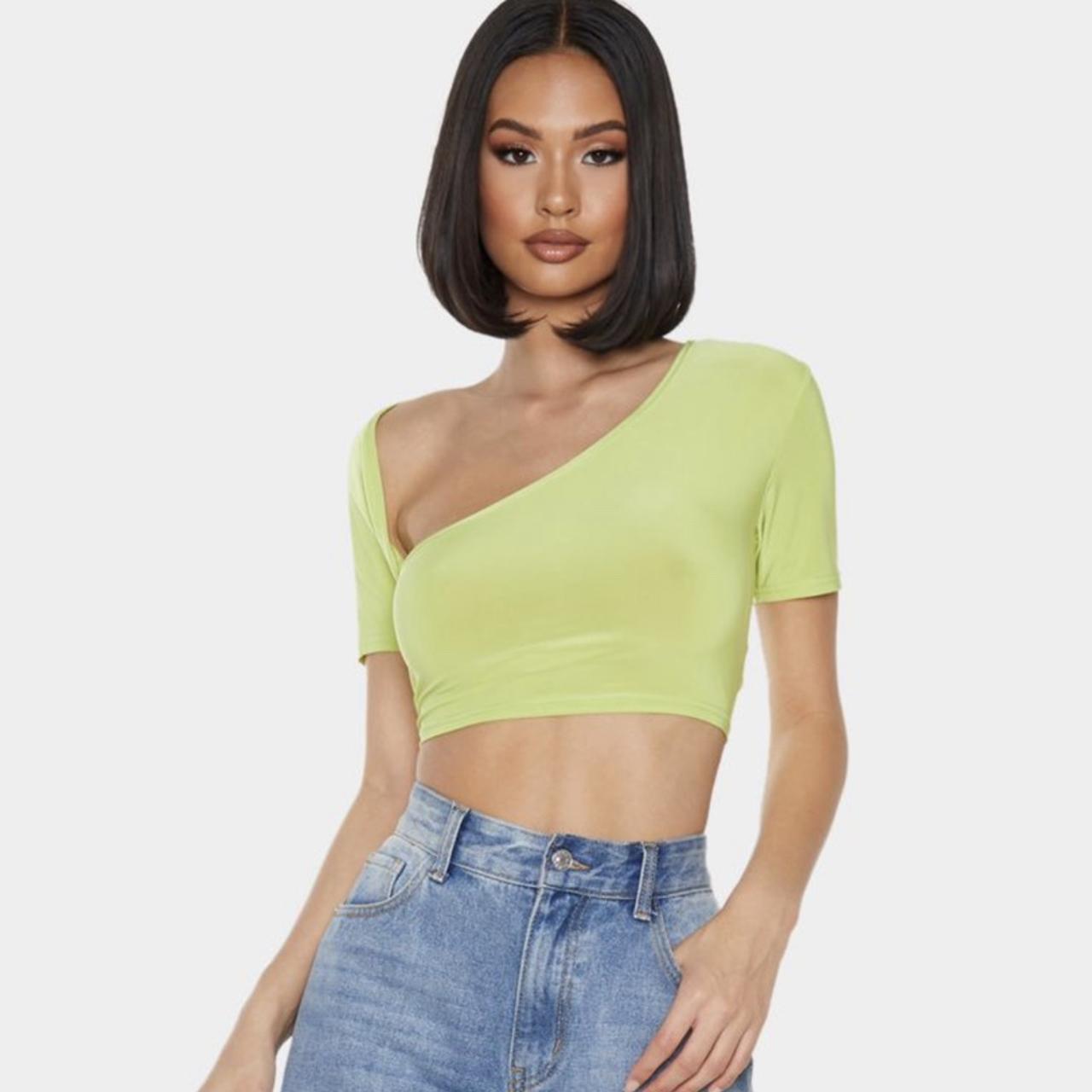💚PLT green slinky asymmetric short sleeve crop... - Depop