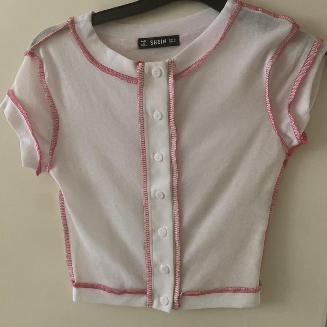 Shein white and pink contrast stitched button up... - Depop