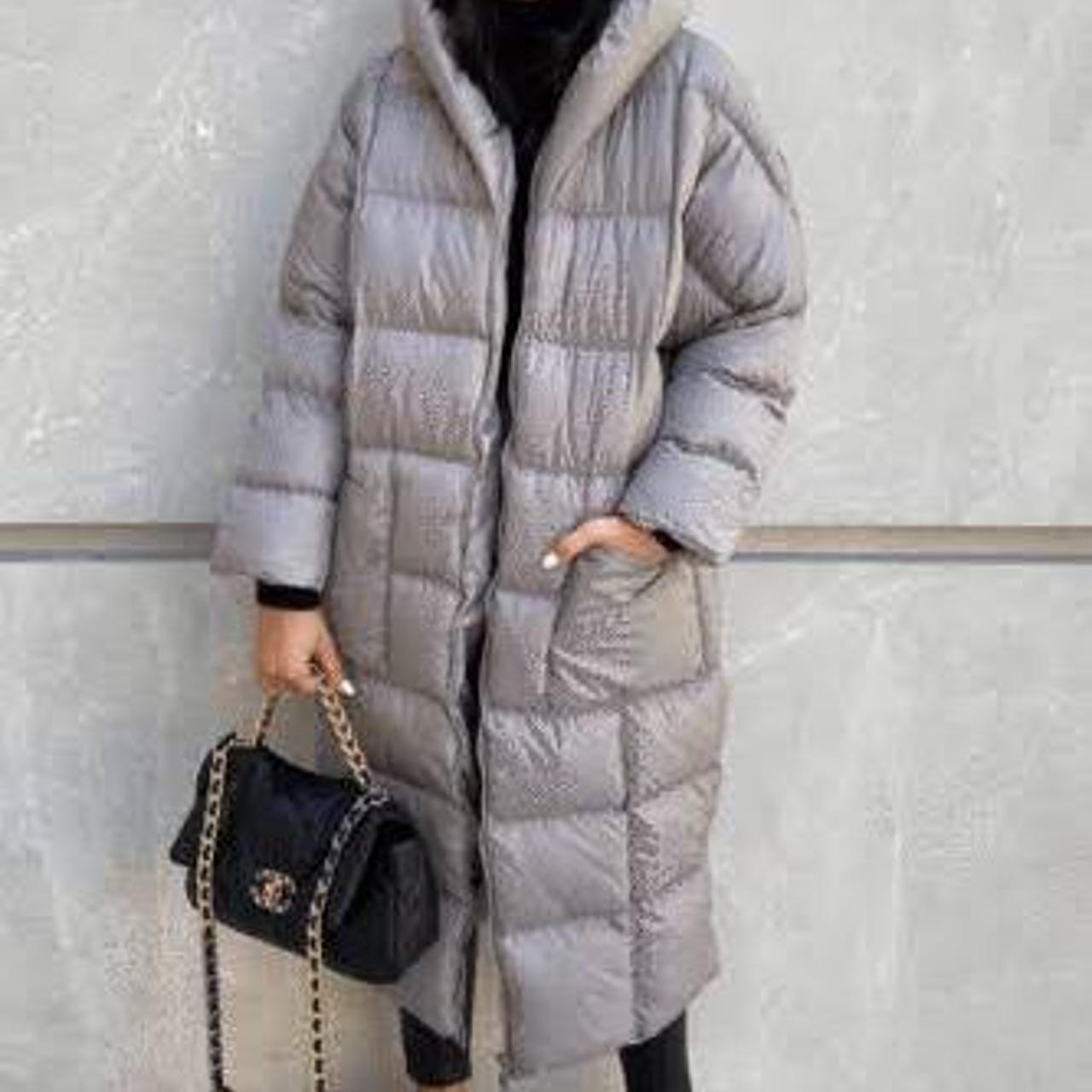 Grey longline puffer jacket LIGHT GREY COLOUR -... - Depop