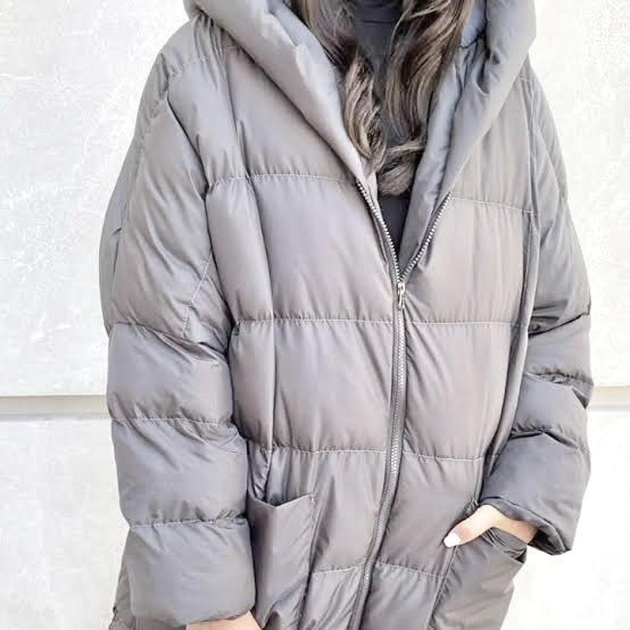 Grey longline puffer jacket LIGHT GREY COLOUR -... - Depop