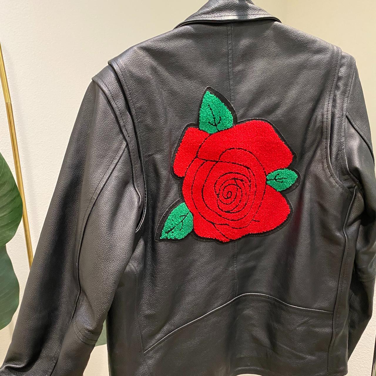Reclaimed Vintage Leather Jacket with Rose Embroidery - Depop