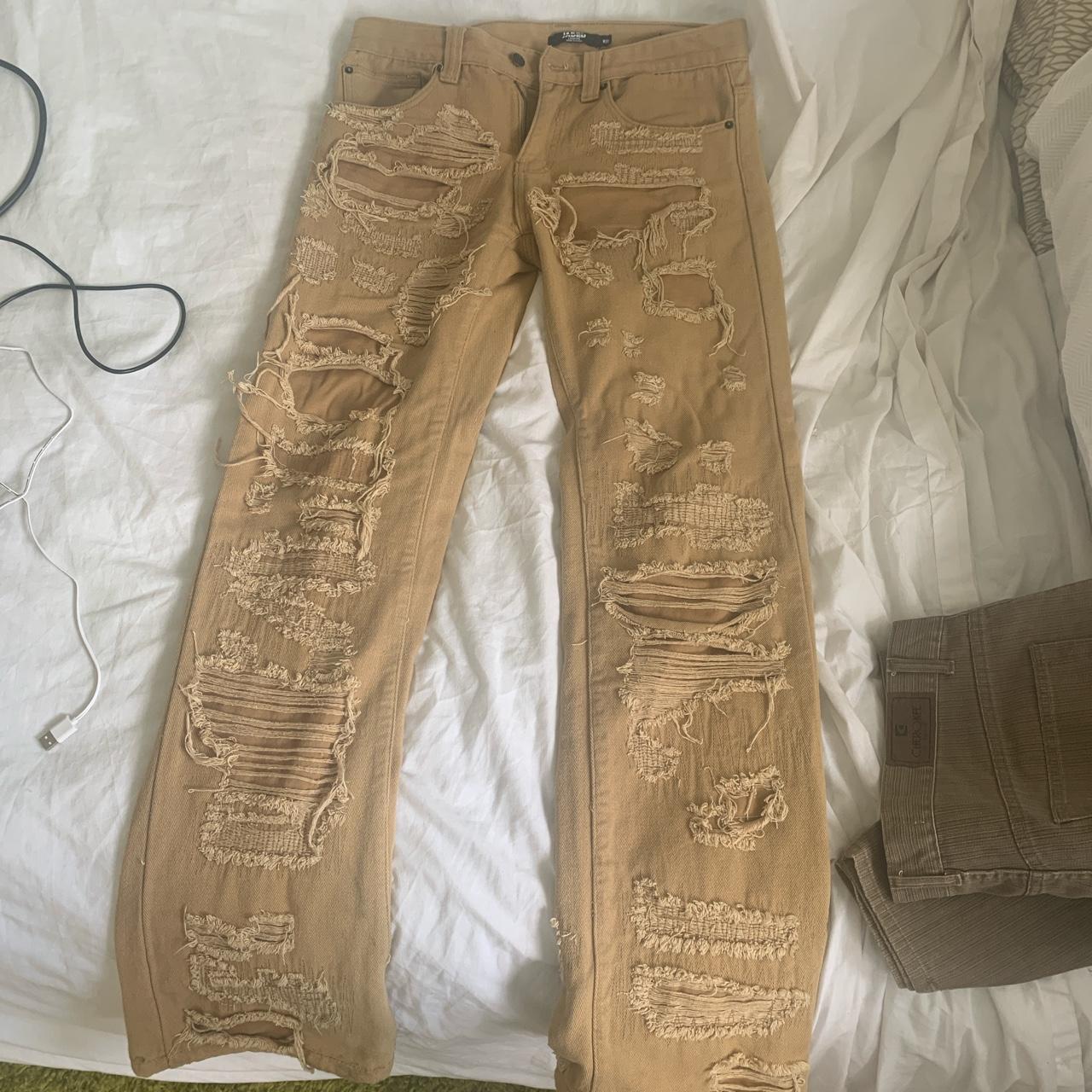jaded stacked flared ripped sand jeans w30 length... - Depop