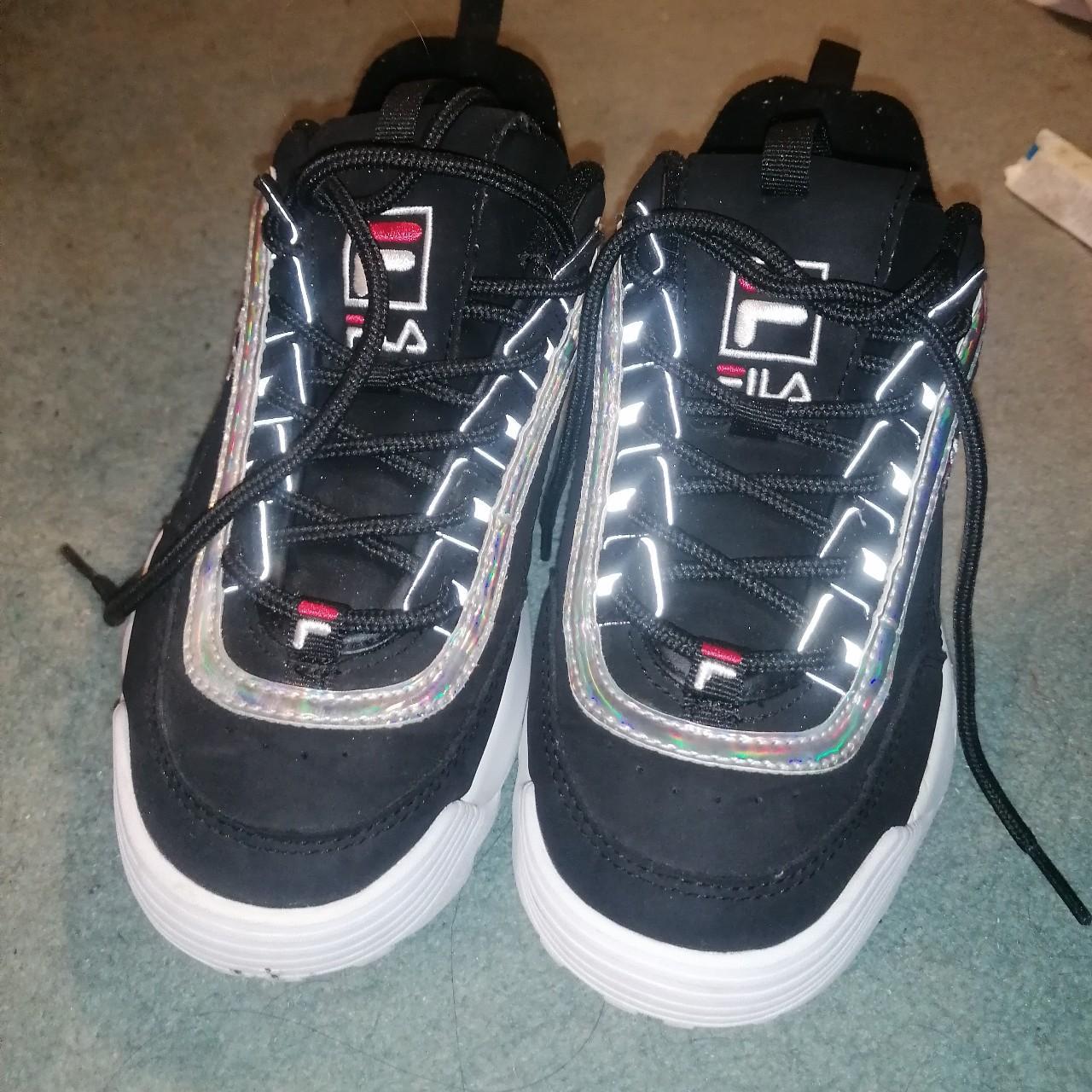 Fila platform black trainers in size 4.5 with silver... - Depop