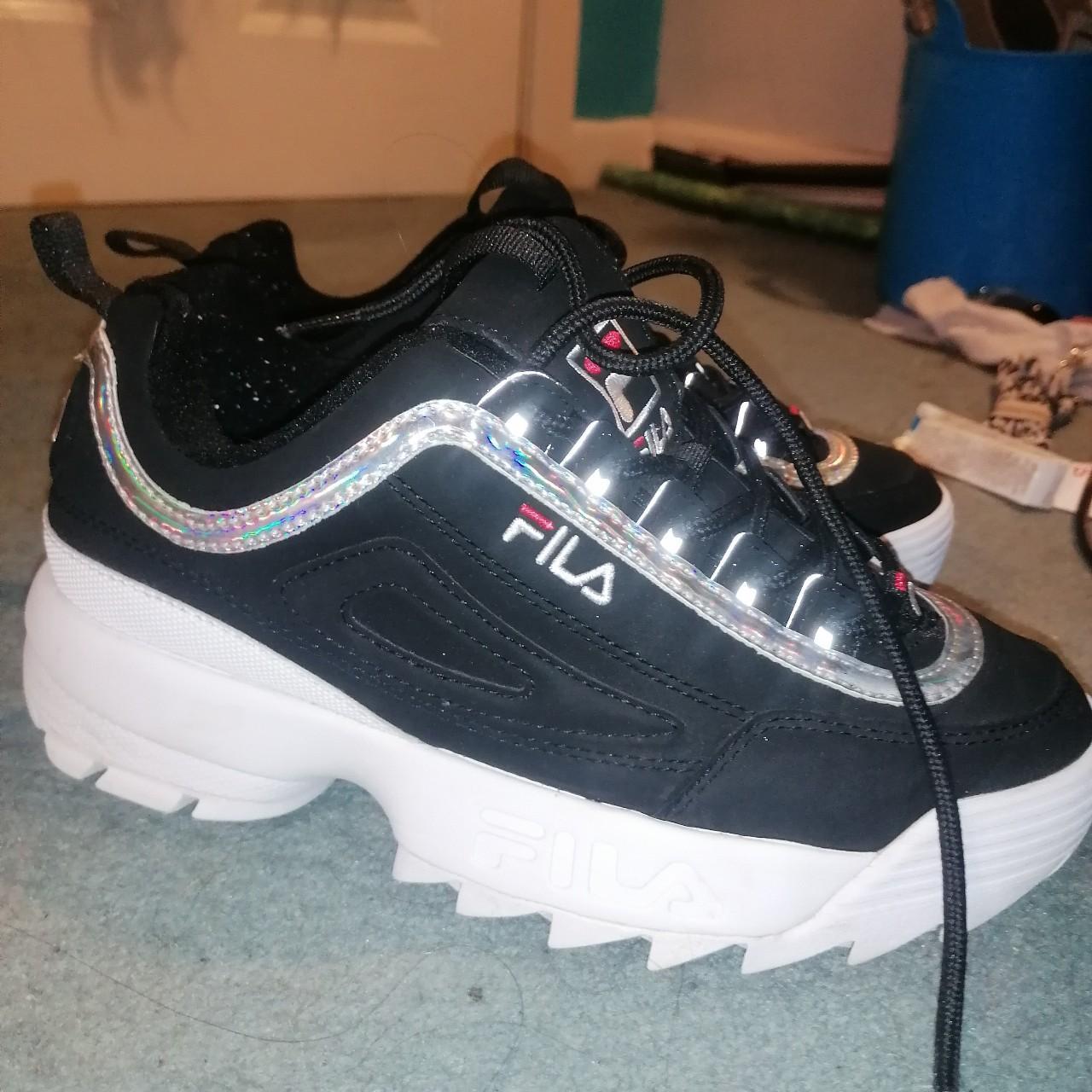 Fila platform black trainers in size 4.5 with silver... - Depop
