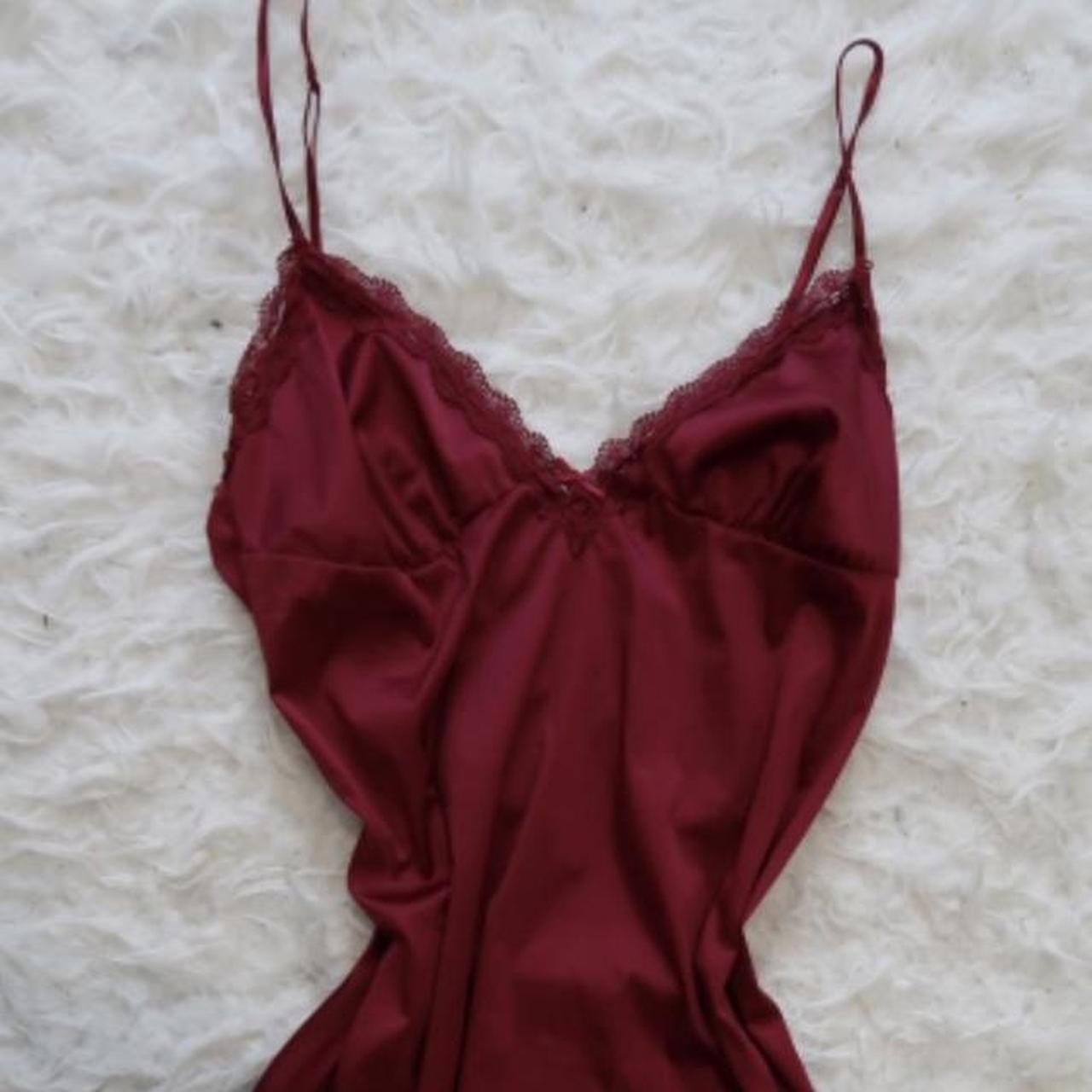 silk wine colored lace trim slip dress good... - Depop