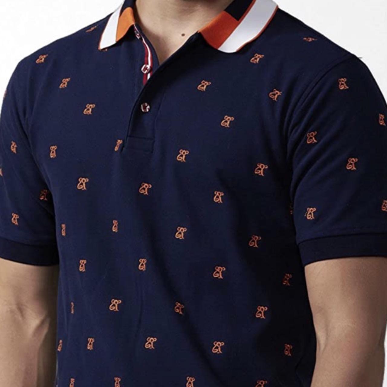 Coogi All Over Koala Polo Navy and Orange Size... - Depop