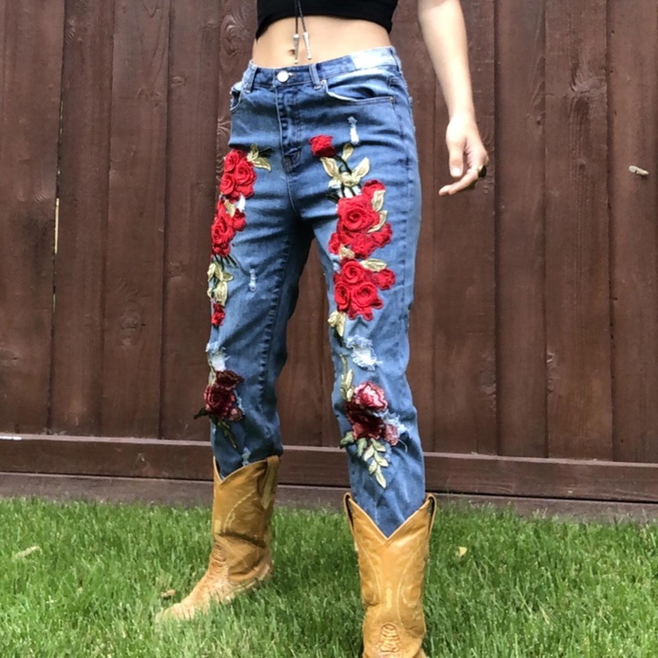 beautiful embroidered ripped jeans! mid waiste and... - Depop