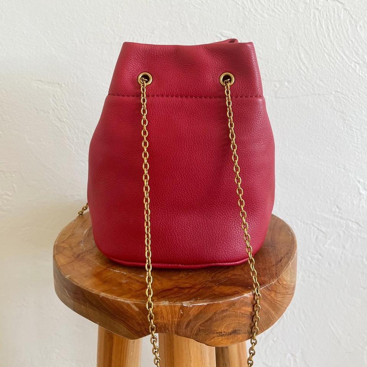 Vintage Red Leather Hobo Bucket Bag with Gold Chain... - Depop