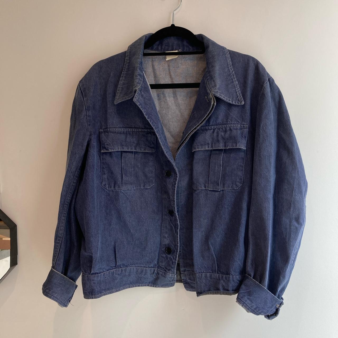 Blue denim worker jacket Size: No size label but... - Depop