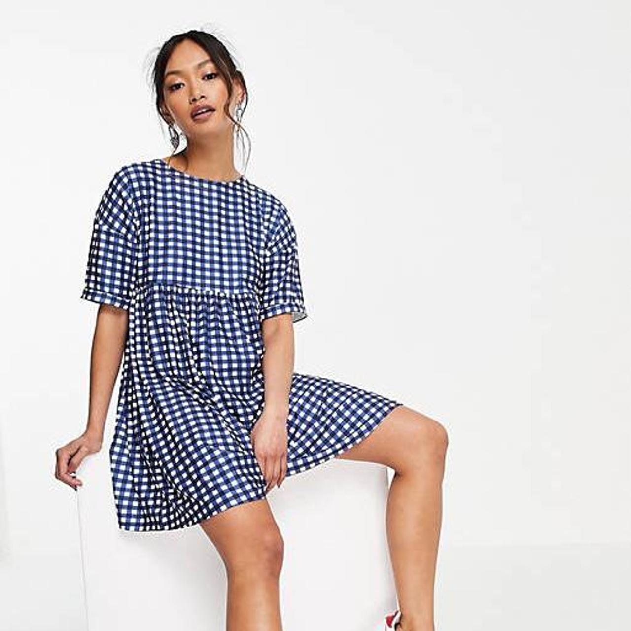 Urban Threads smock mini dress in navy gingham print... - Depop
