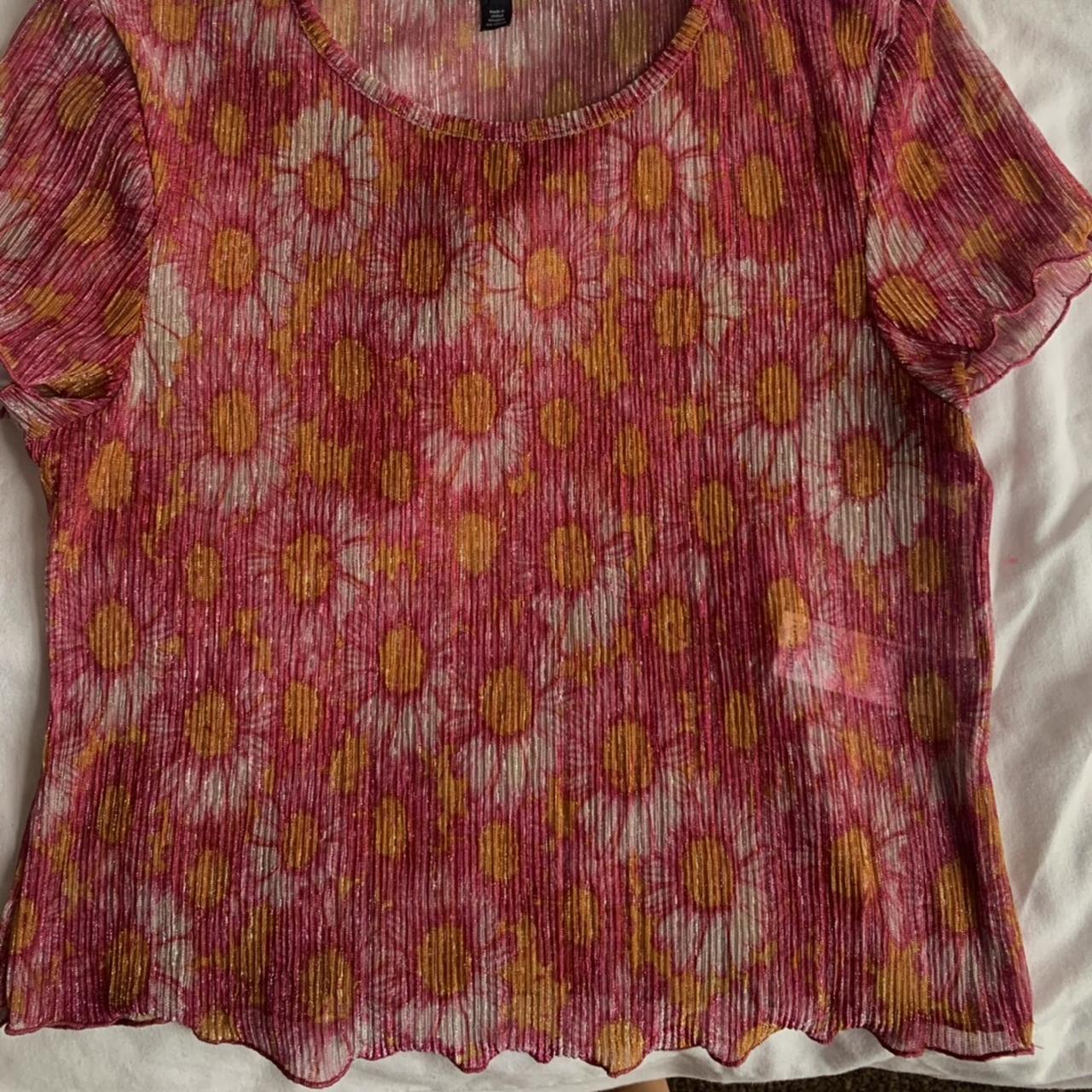 pink & orange glittery flower mesh top TOPSHOP -... - Depop
