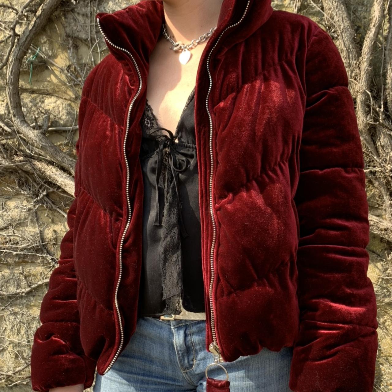 velvet burgundy puffer coat. Such nice material.... - Depop