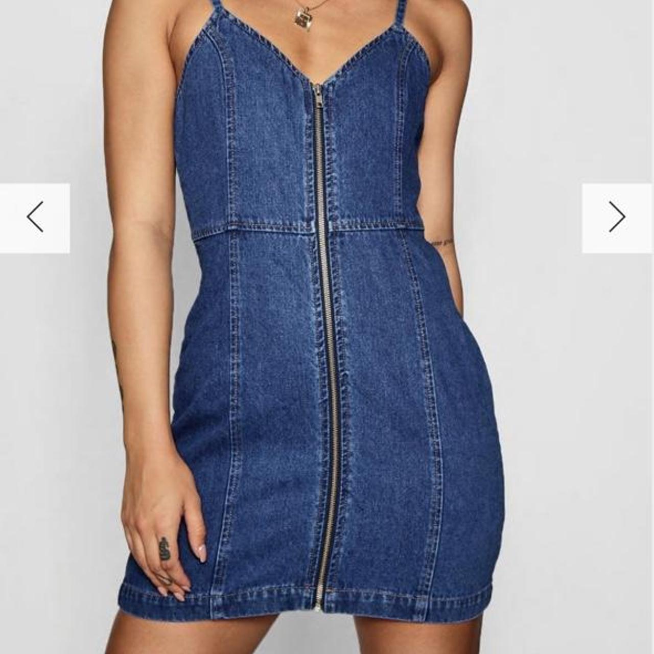 Denim strappy zip mini dress from Boohoo🐝 size 10🦋... - Depop