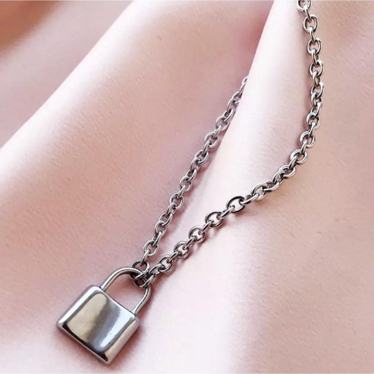 Unisex Stainless Steel Silver Padlock Lock Pendant... | Depop