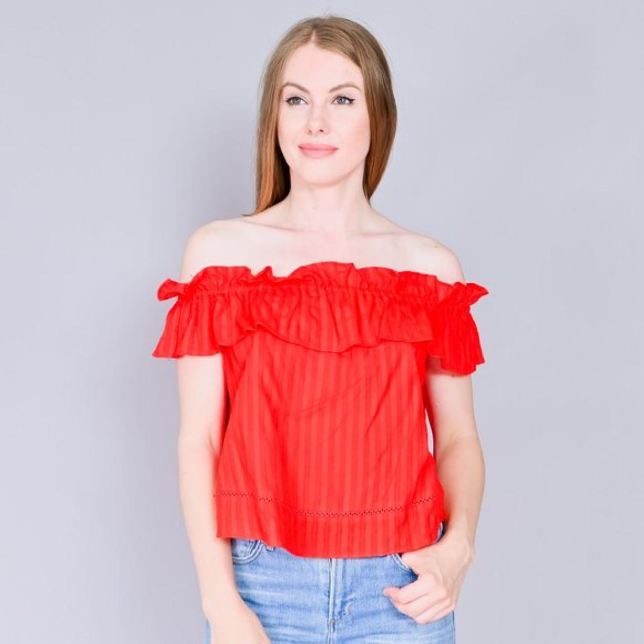 N/Nicholas red off-shoulder ruffle red cotton top.... - Depop