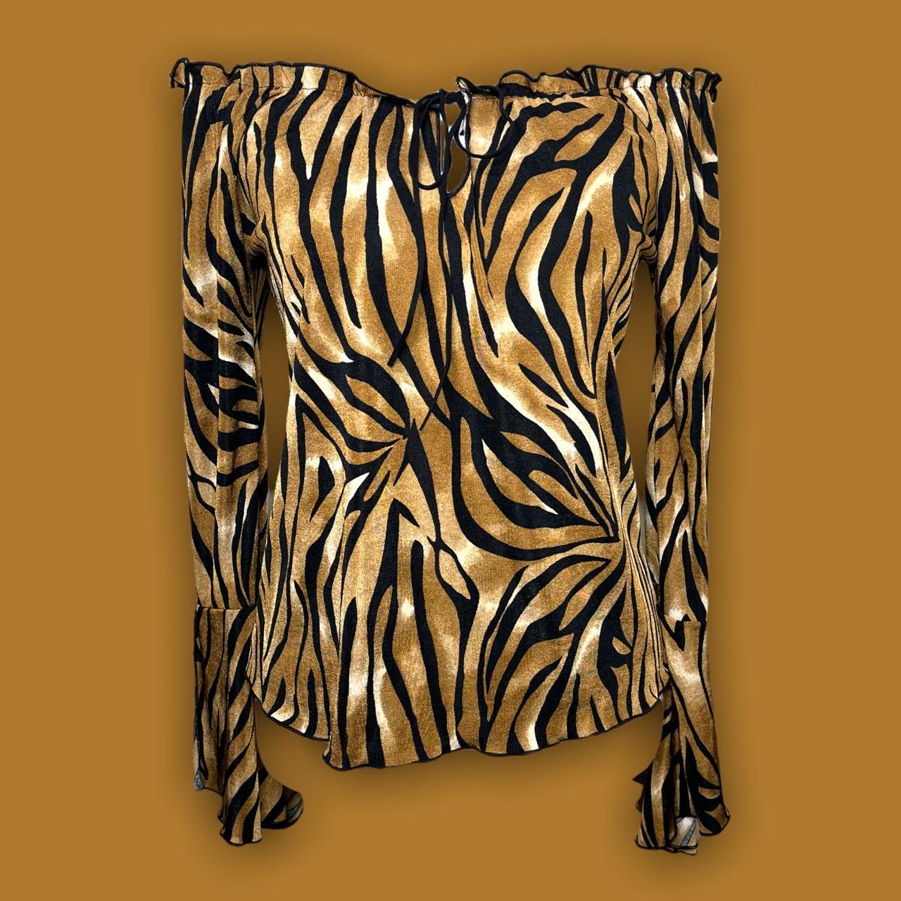 Vintage off the shoulder tiger print blouse with... - Depop