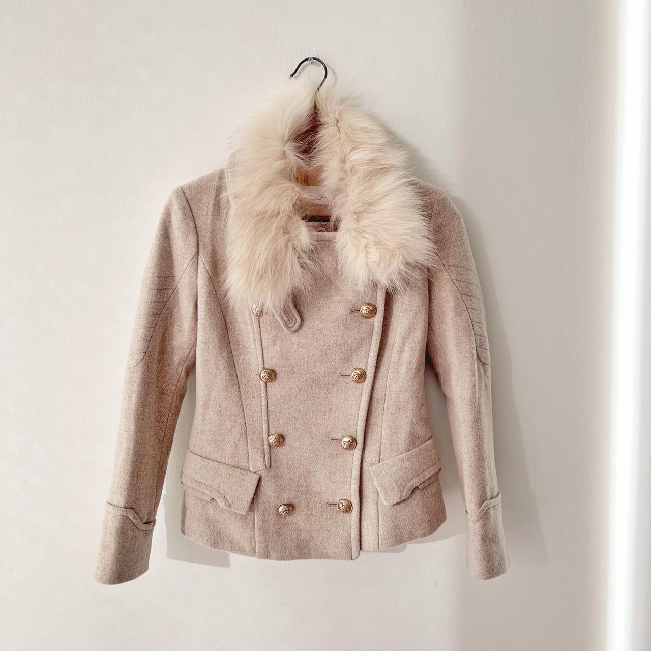 Cream oatmeal colored wool coat jacket. Gold button,... - Depop
