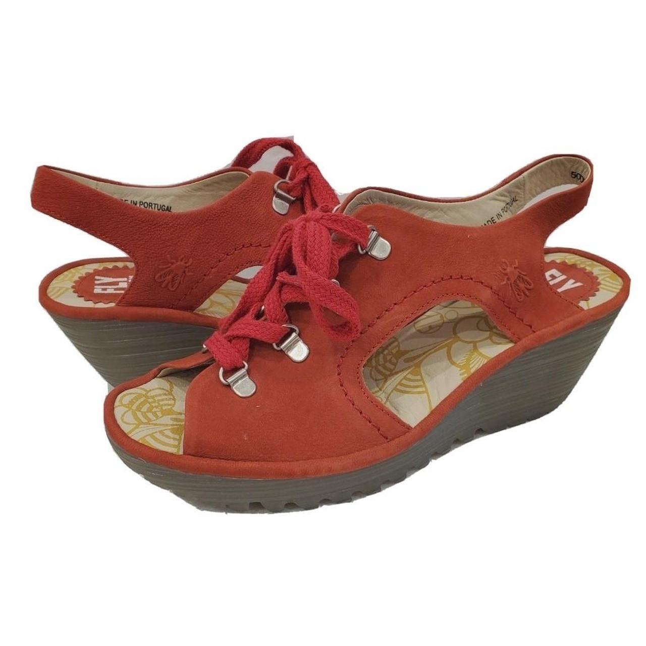 FLY London Red Leather Lace Up Wedge Sandals - Yapi... - Depop