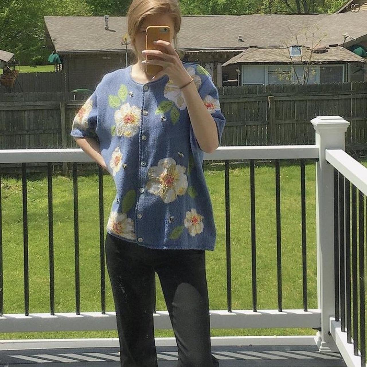 Floral knit button down short sleeve with... - Depop