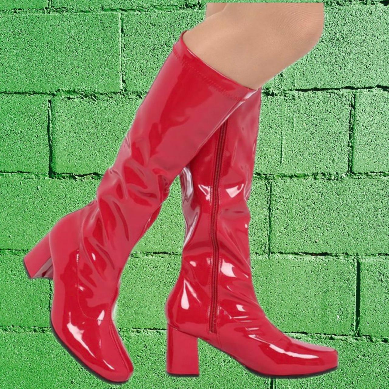 Sexy red PU leather vinyl chunky patent heel knee... - Depop