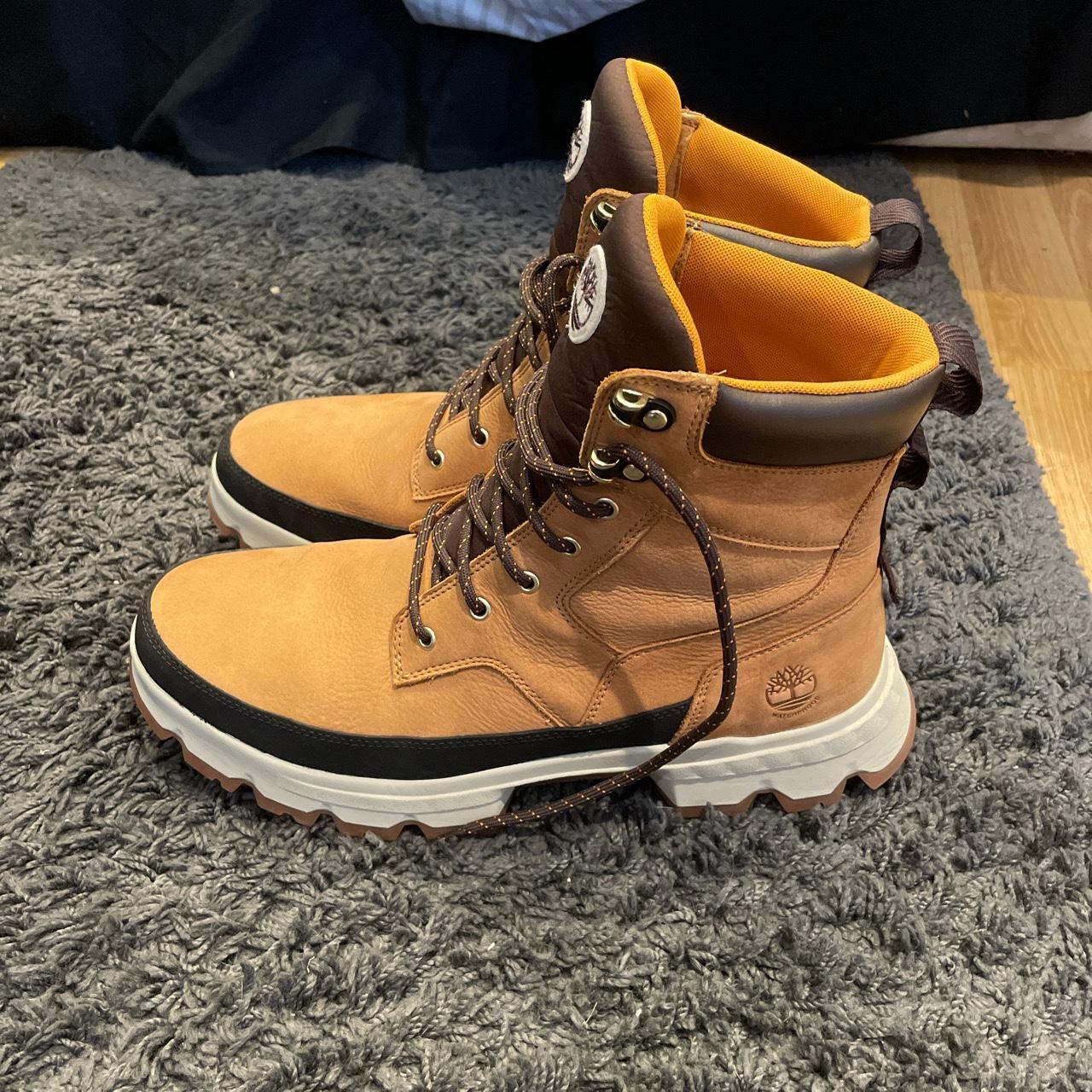 Tan timberland boots mens, size 10.5 uk, worn 3... - Depop