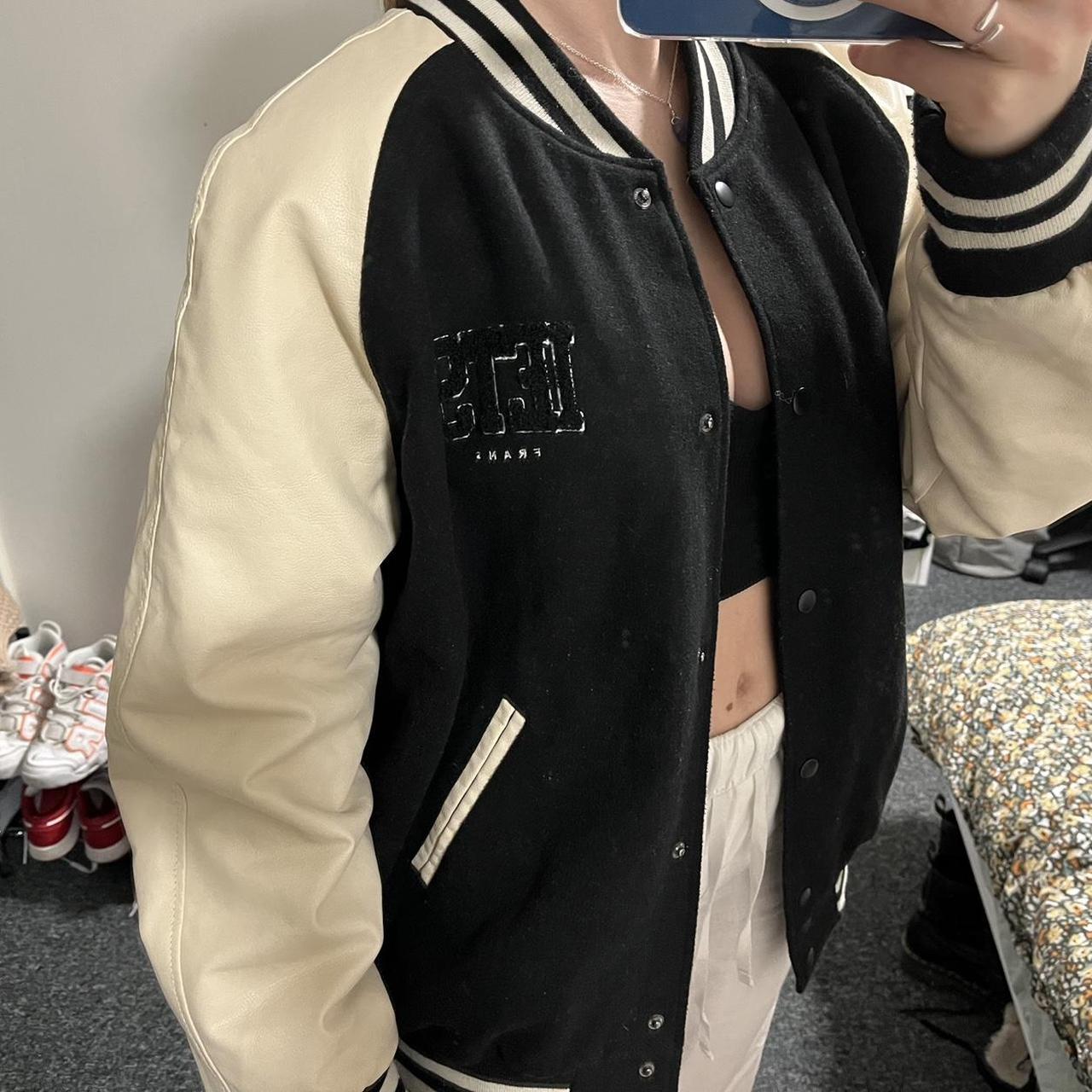 black & cream varsity/baseball jacket urban... - Depop