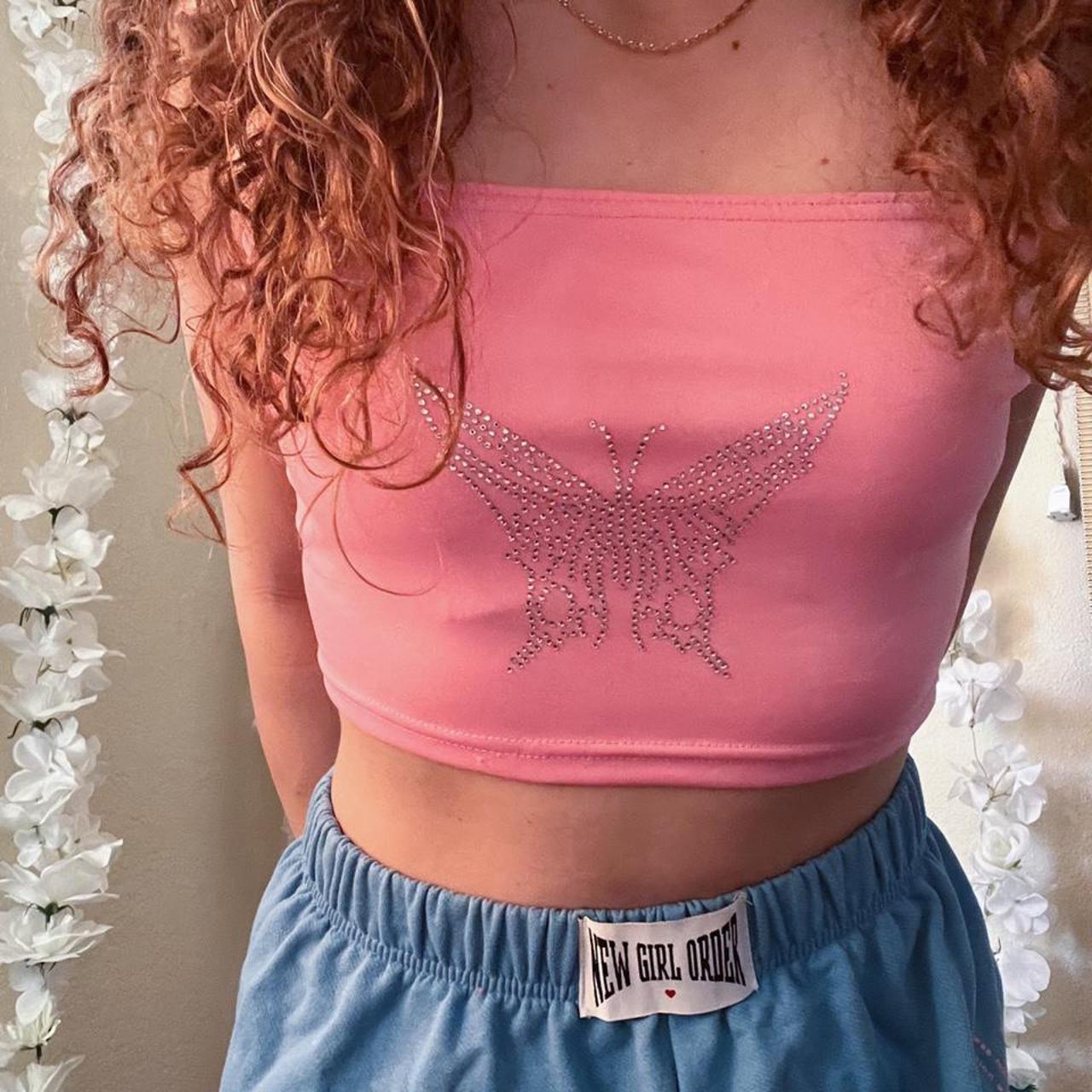 pink butterfly tube top •barely worn •size... - Depop