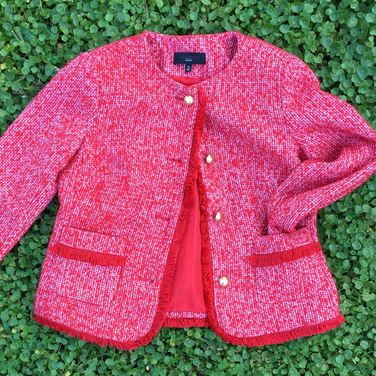Red Talbot coat with fringed trim & gold buttons-... - Depop
