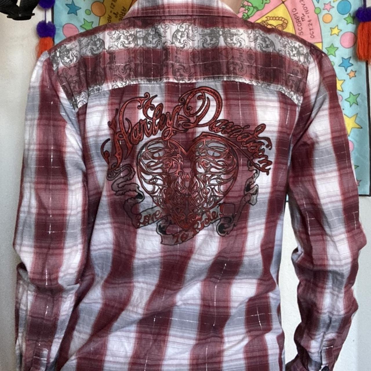 Y2K 2000s Harley Davidson red white plaid damask... - Depop