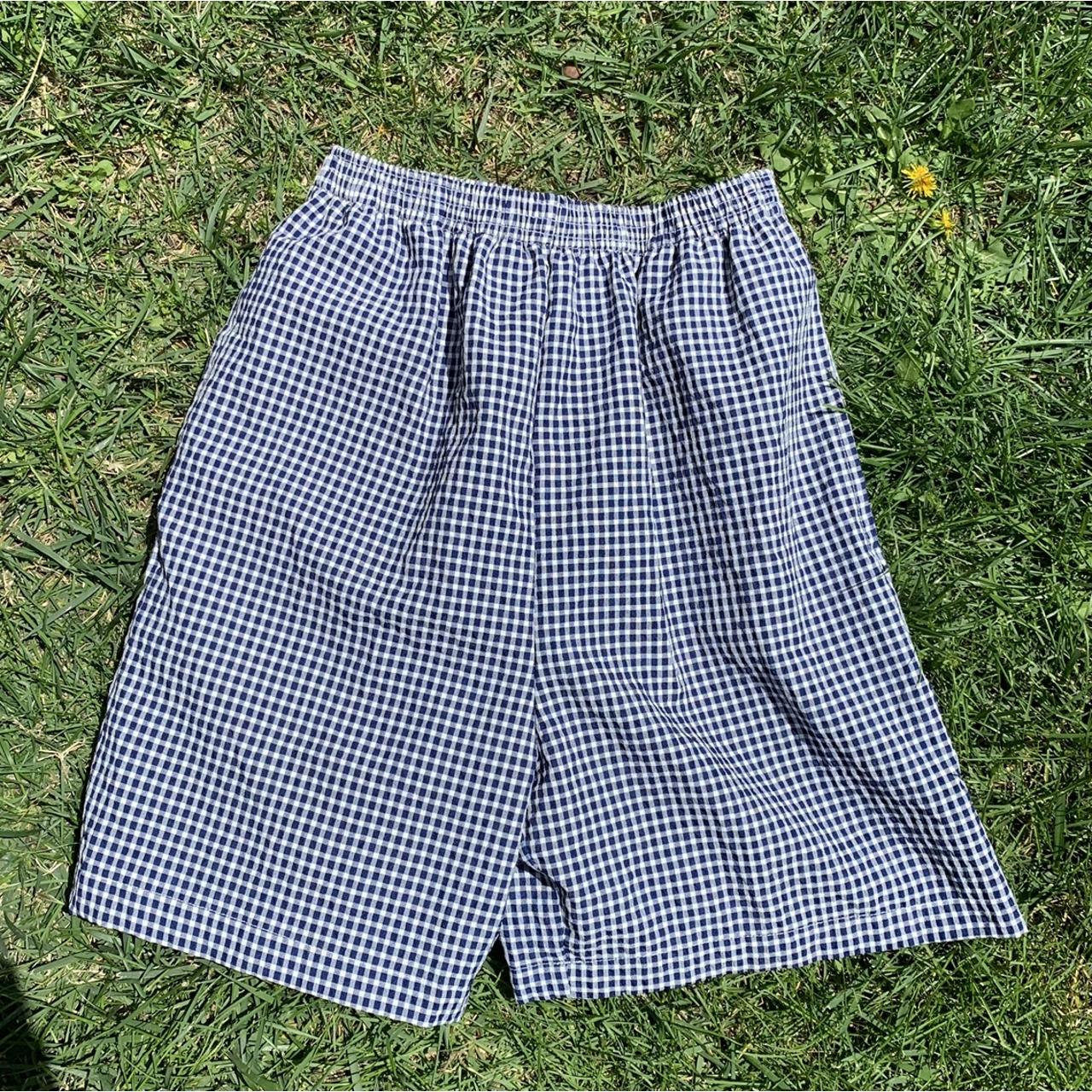Checkered blue and white polyester shorts great... - Depop