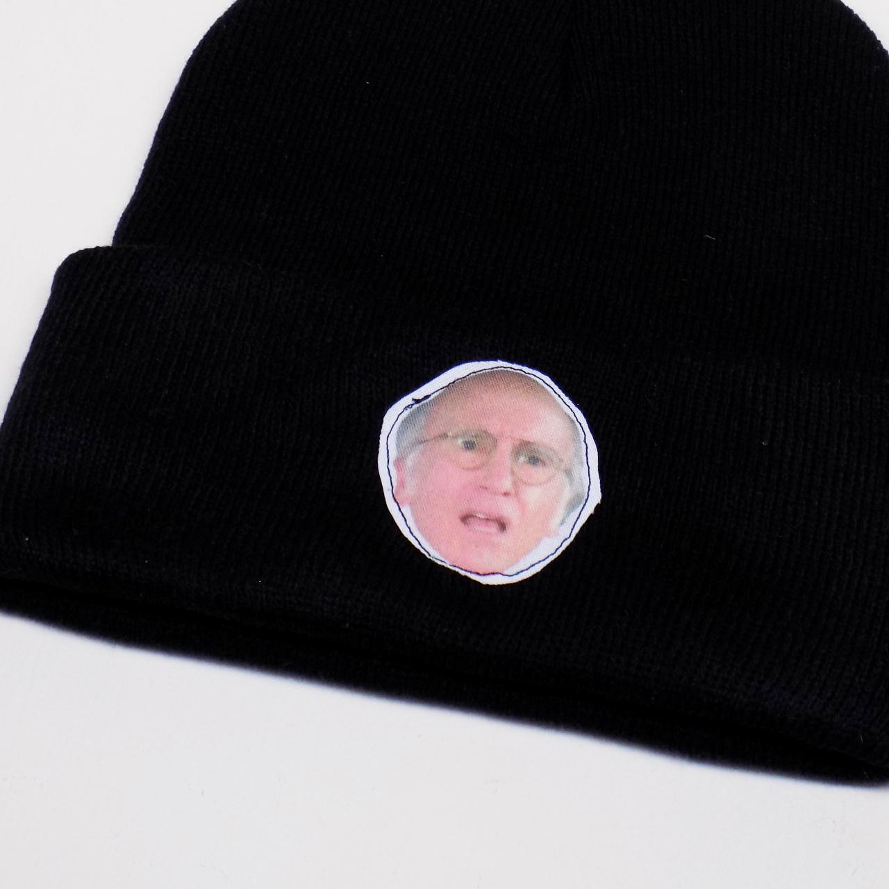 black beanie with Larry David patch one size fits... - Depop