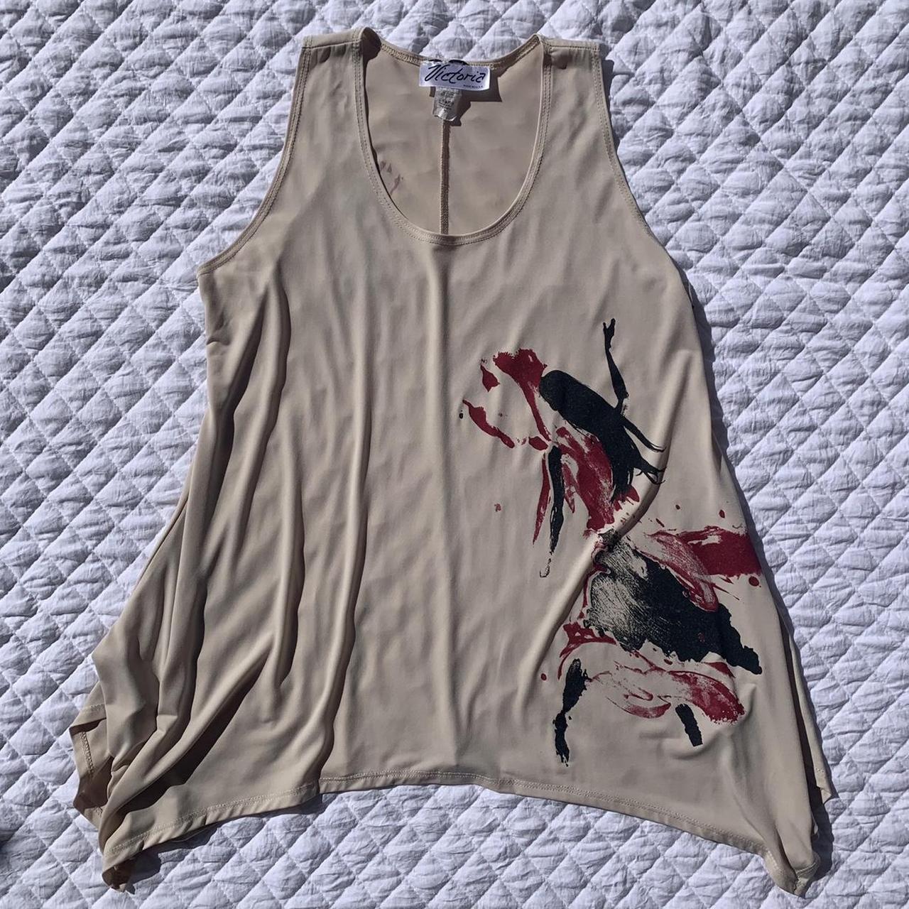 - cream red and black abstract flowy tank top with... - Depop