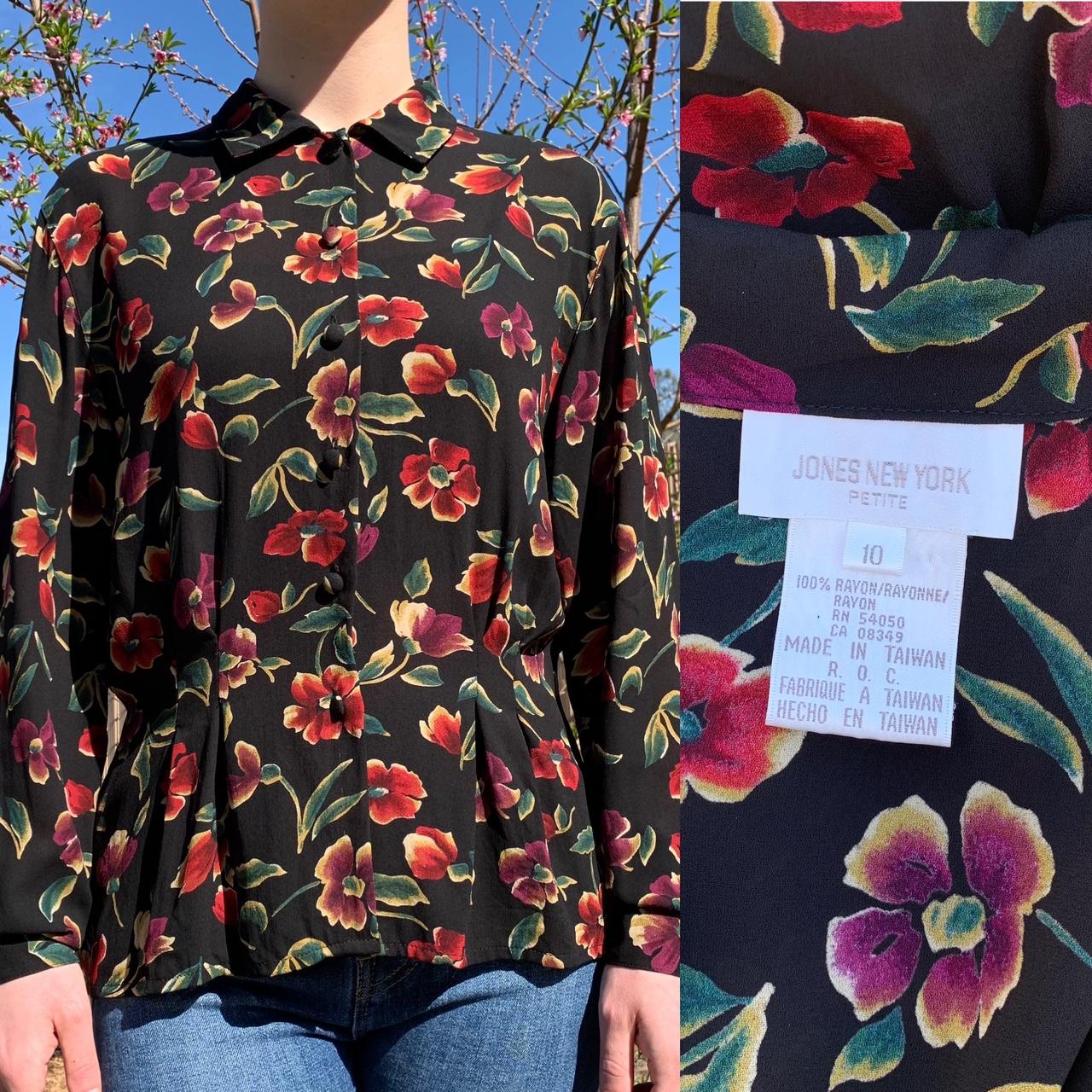 Vintage 1990s "Jones New York" black floral long... - Depop