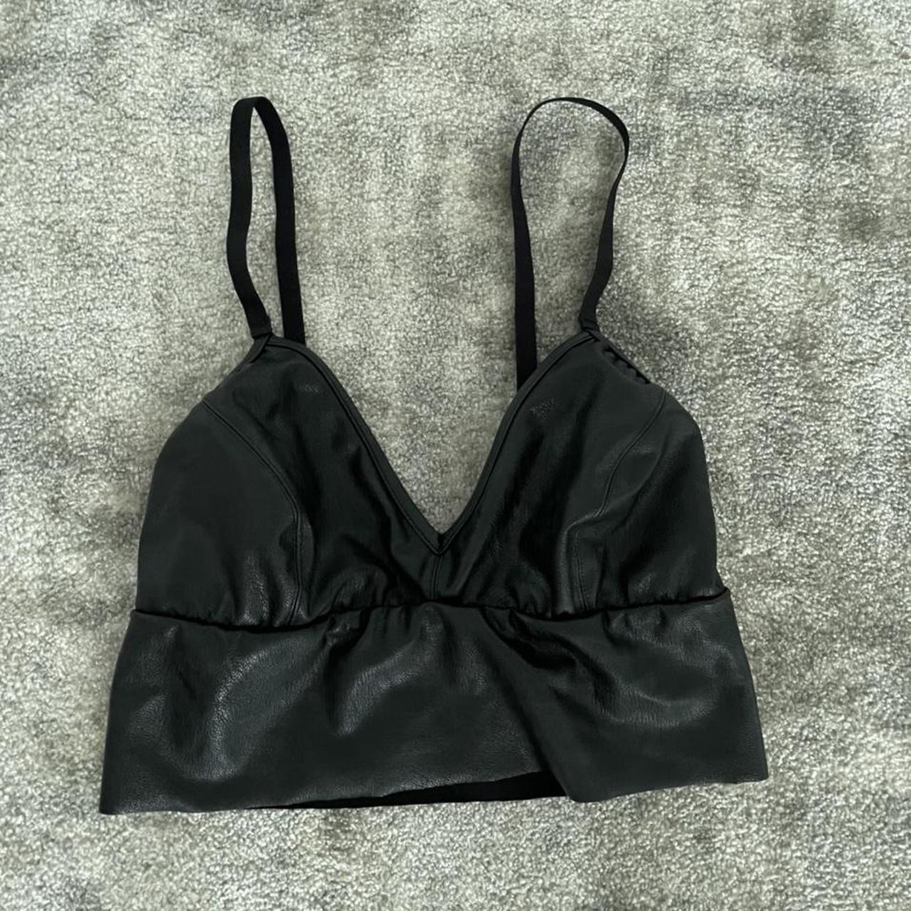 black leather crop top. adjustable straps. tight and... - Depop