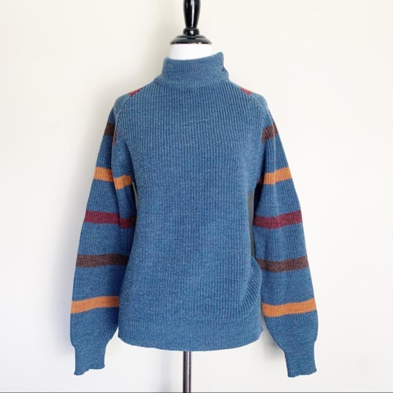 Vintage 1980s Blue Striped Mock Neck Raglan Sleeve... - Depop