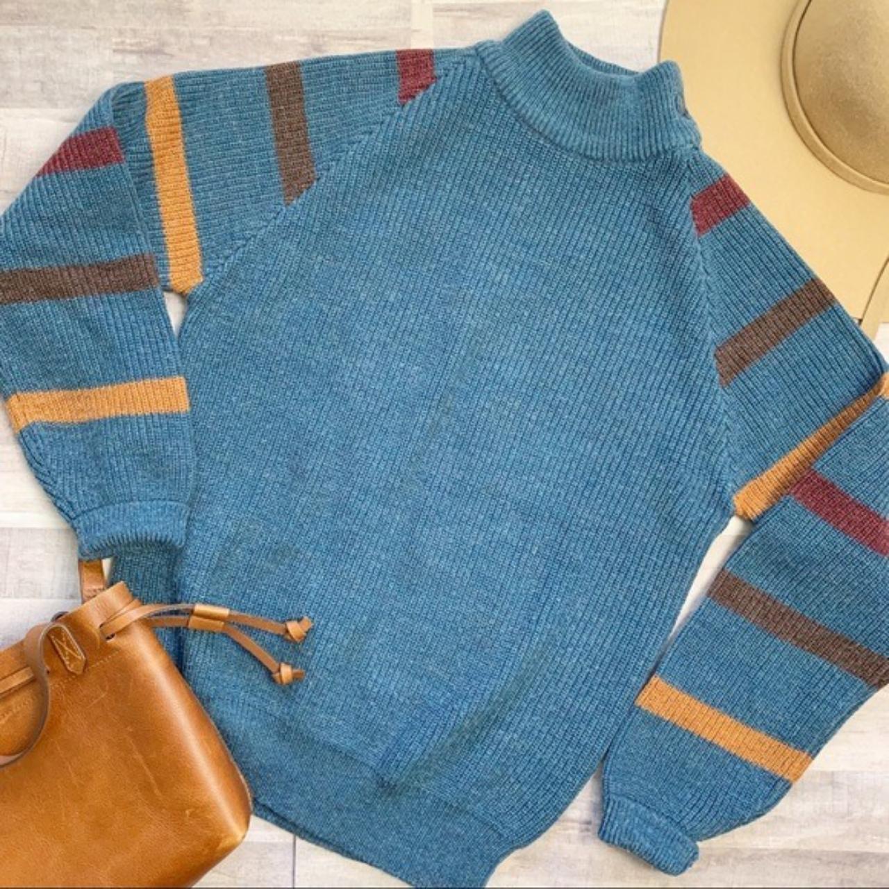 Vintage 1980s Blue Striped Mock Neck Raglan Sleeve... - Depop
