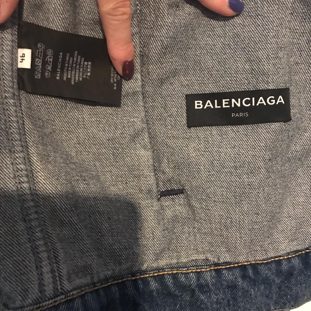 Balenciaga blue denim ripped collar jacket with logo... - Depop