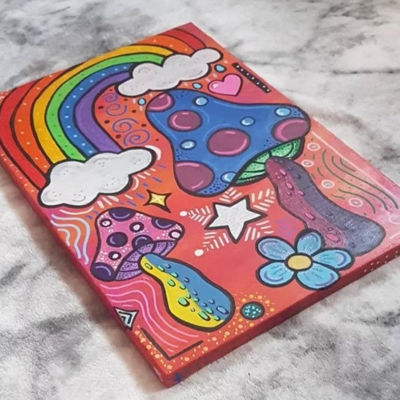 Big trippy mushroom and rainbows trash art on a big... - Depop