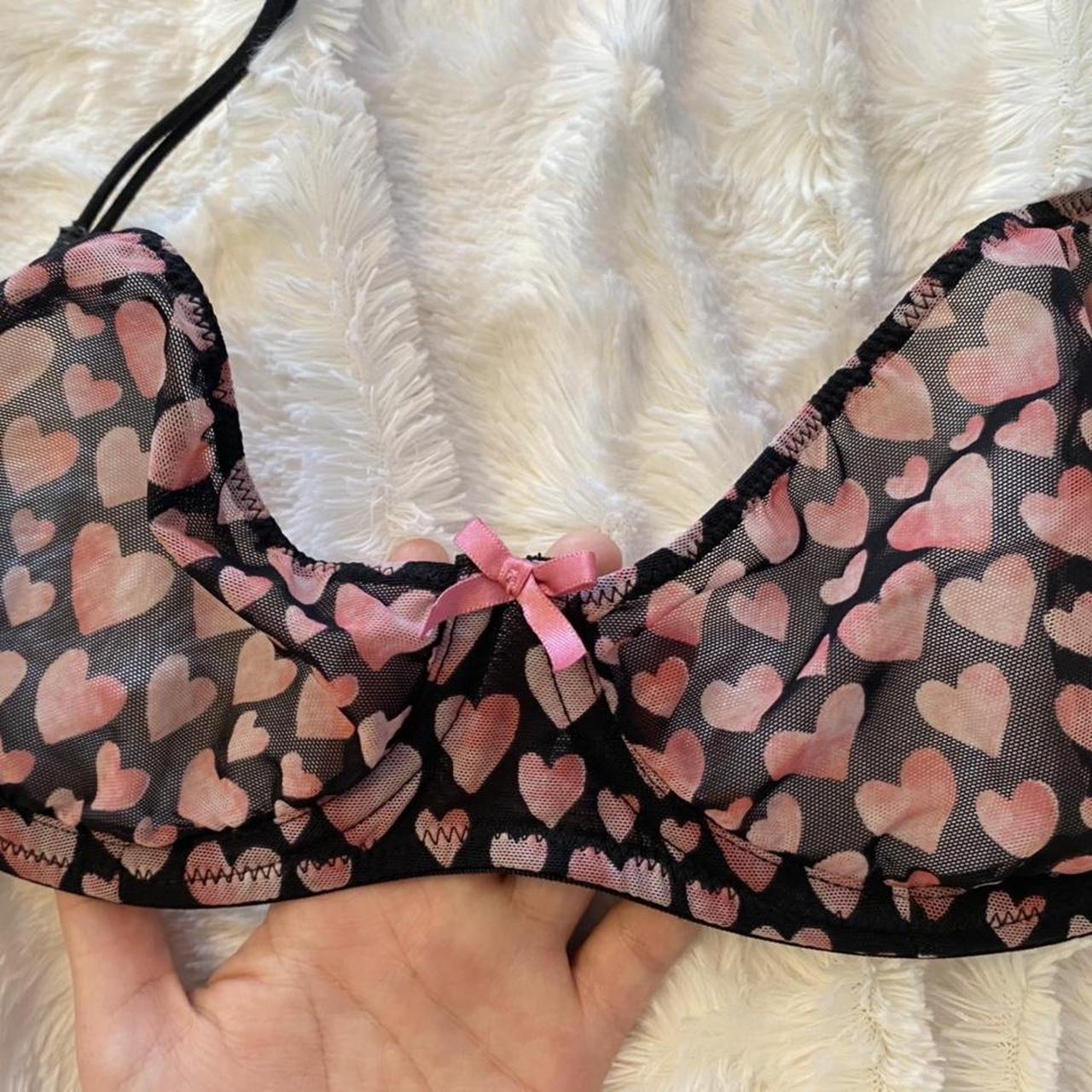 Black with pink hearts mesh bra!!! Pink bow in the... - Depop