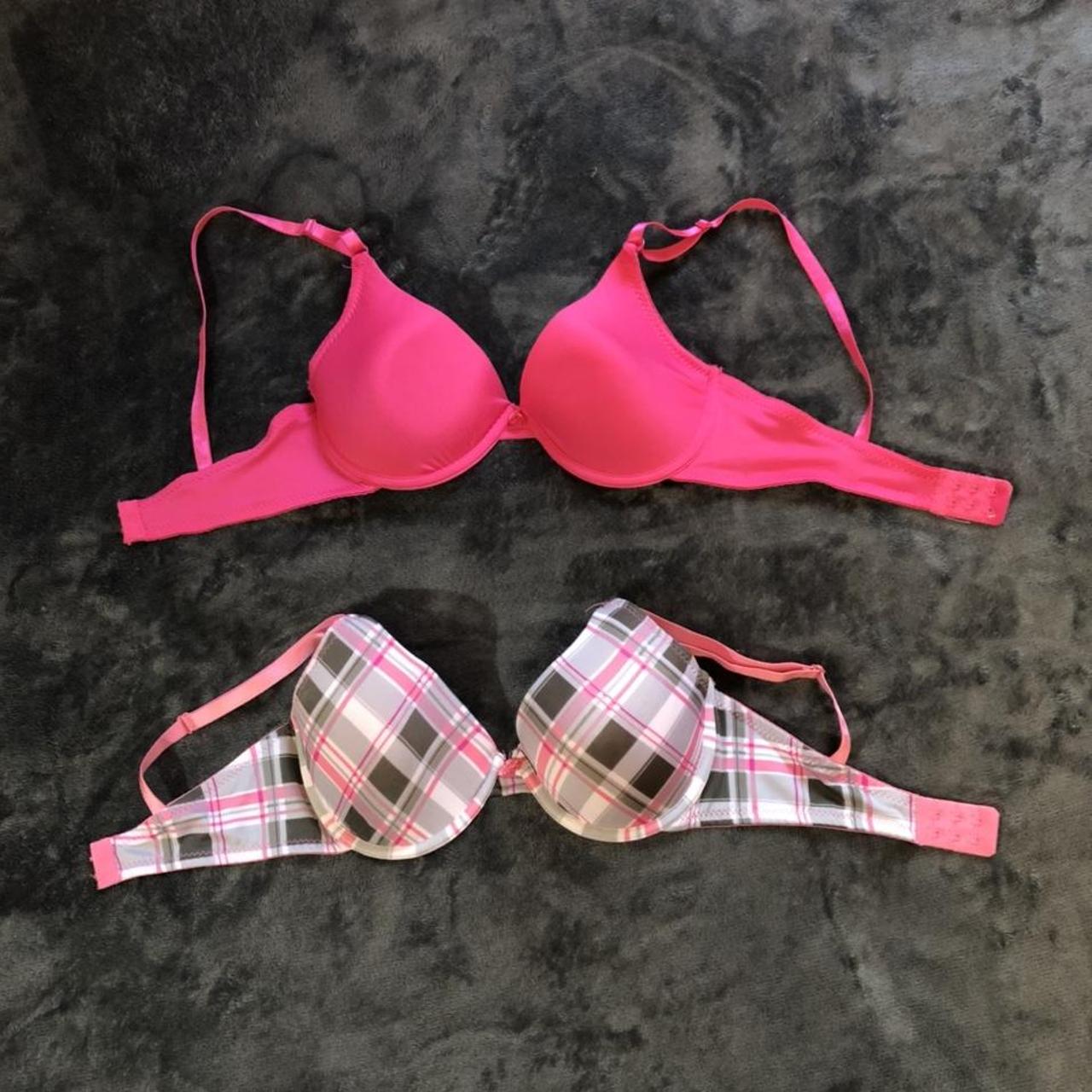 Two Bra Bundle: Solid Pink and Gray/Pink Plaid... - Depop