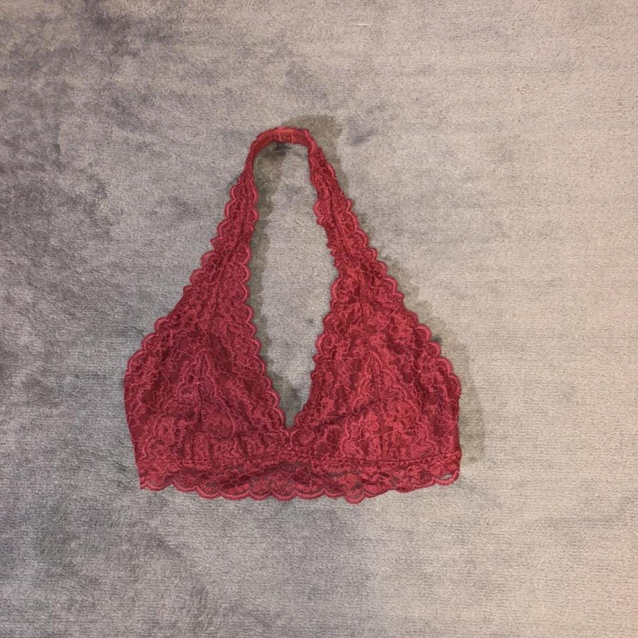 Dark Red Lace Bralette Wraps around neck, hooks in... - Depop