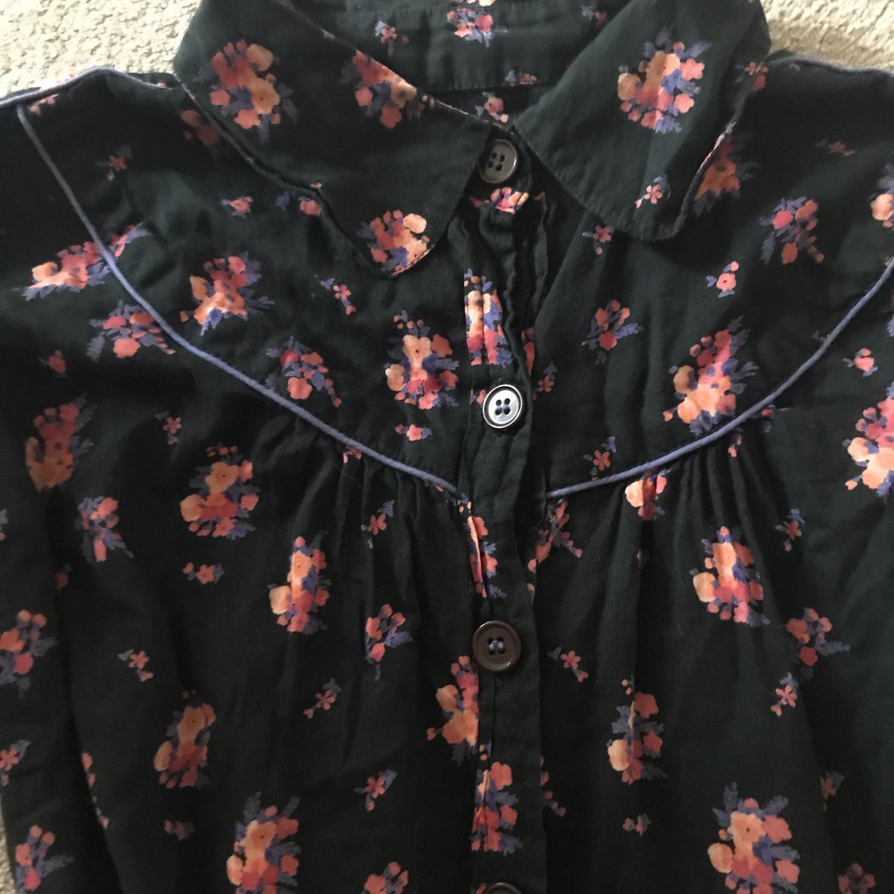 Vintage mod style black floral shirt with purple... - Depop