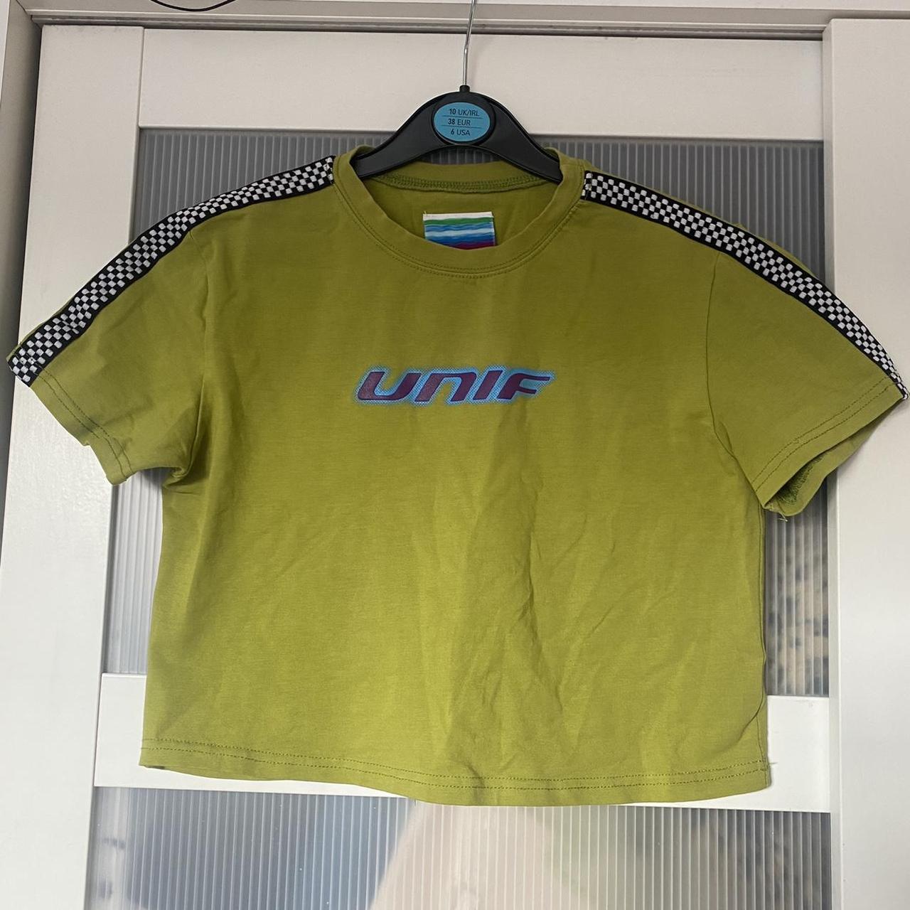 green unif t shirt with logo and checkerboard... - Depop