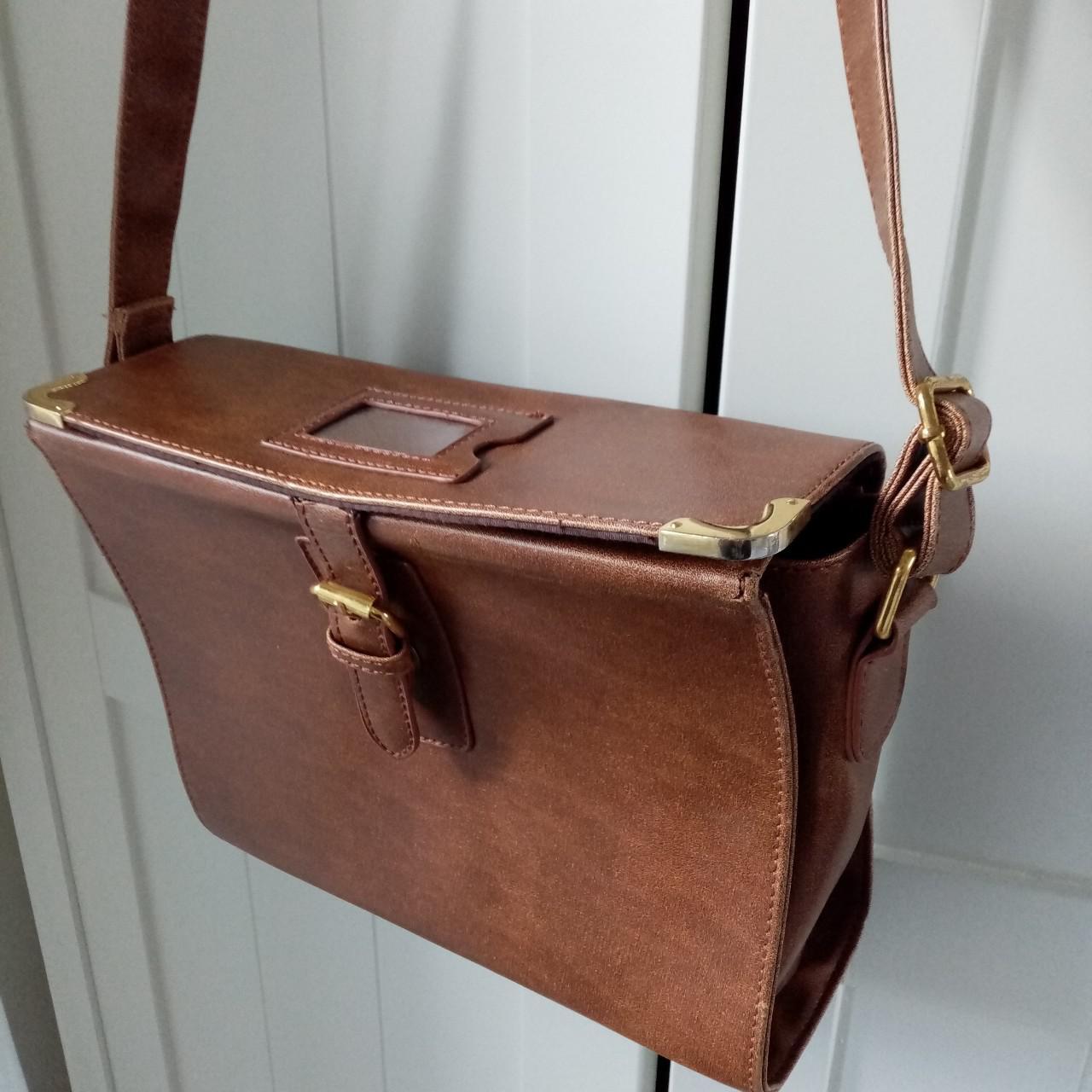 Tan coloured faux leather satchel. Vintage style.... - Depop