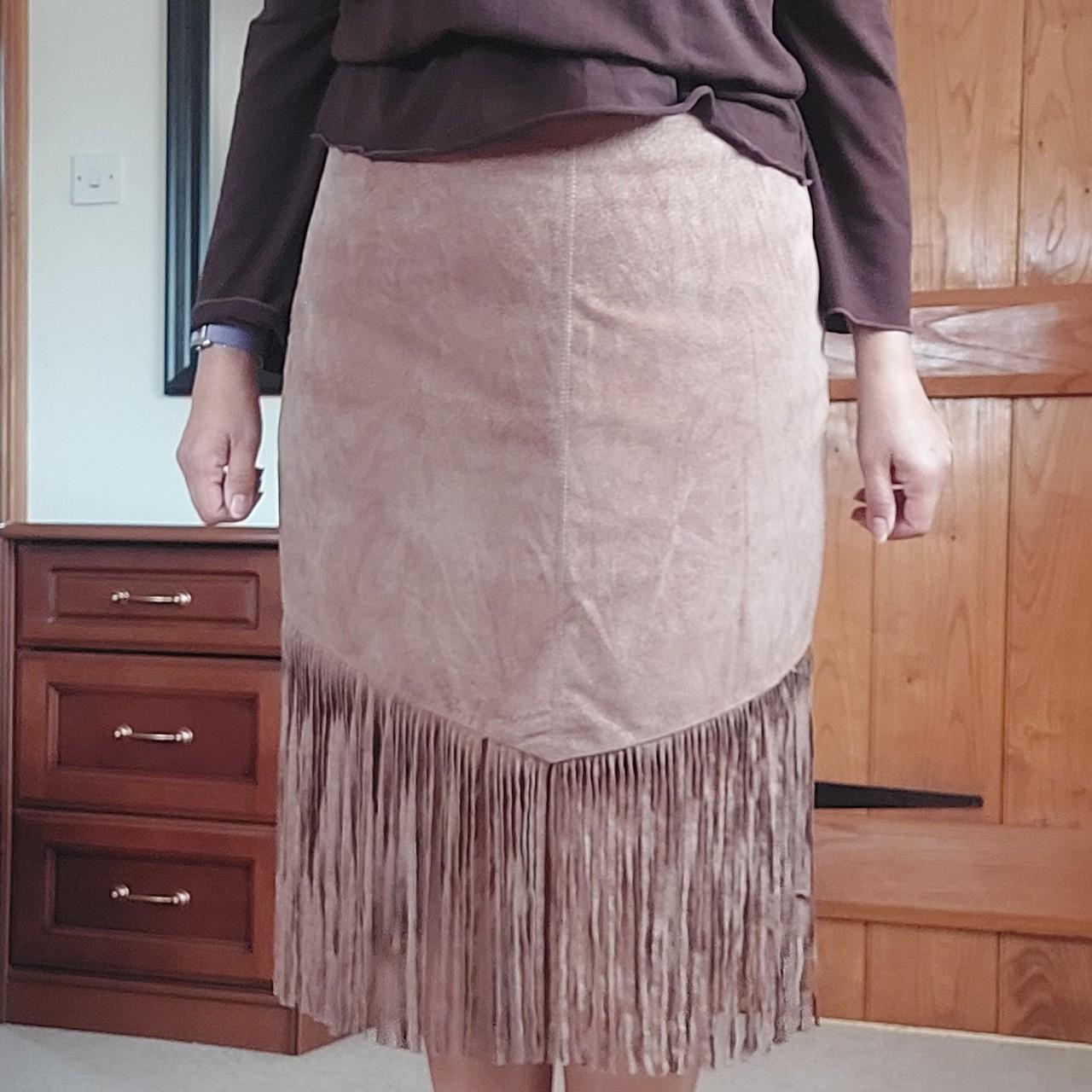 💥OASIS💥 Western style tan suede skirt with fringe... - Depop