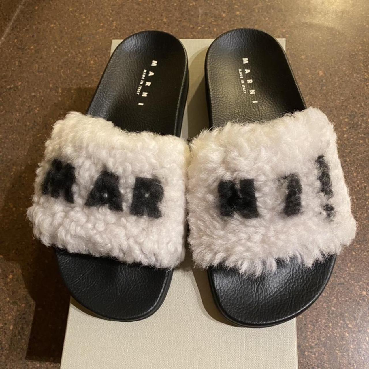 Marni Shearling Logo Slides Natural White - Size 8... | Depop