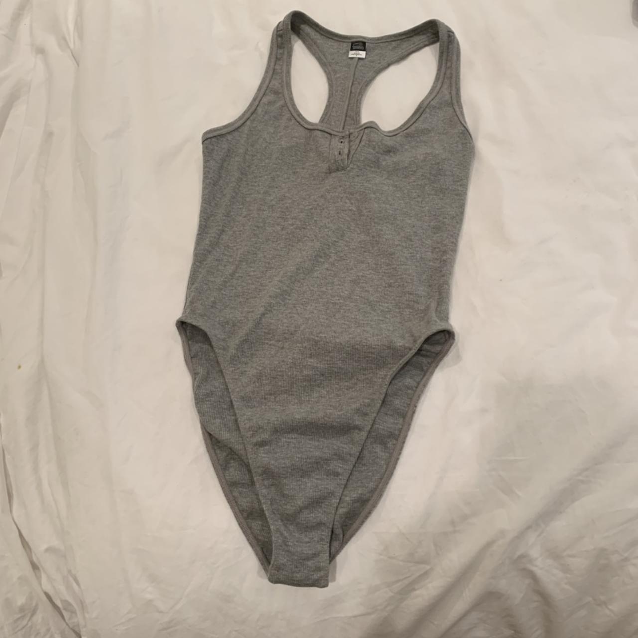 cute comfy grey ribbed bodysuit with henley button... - Depop