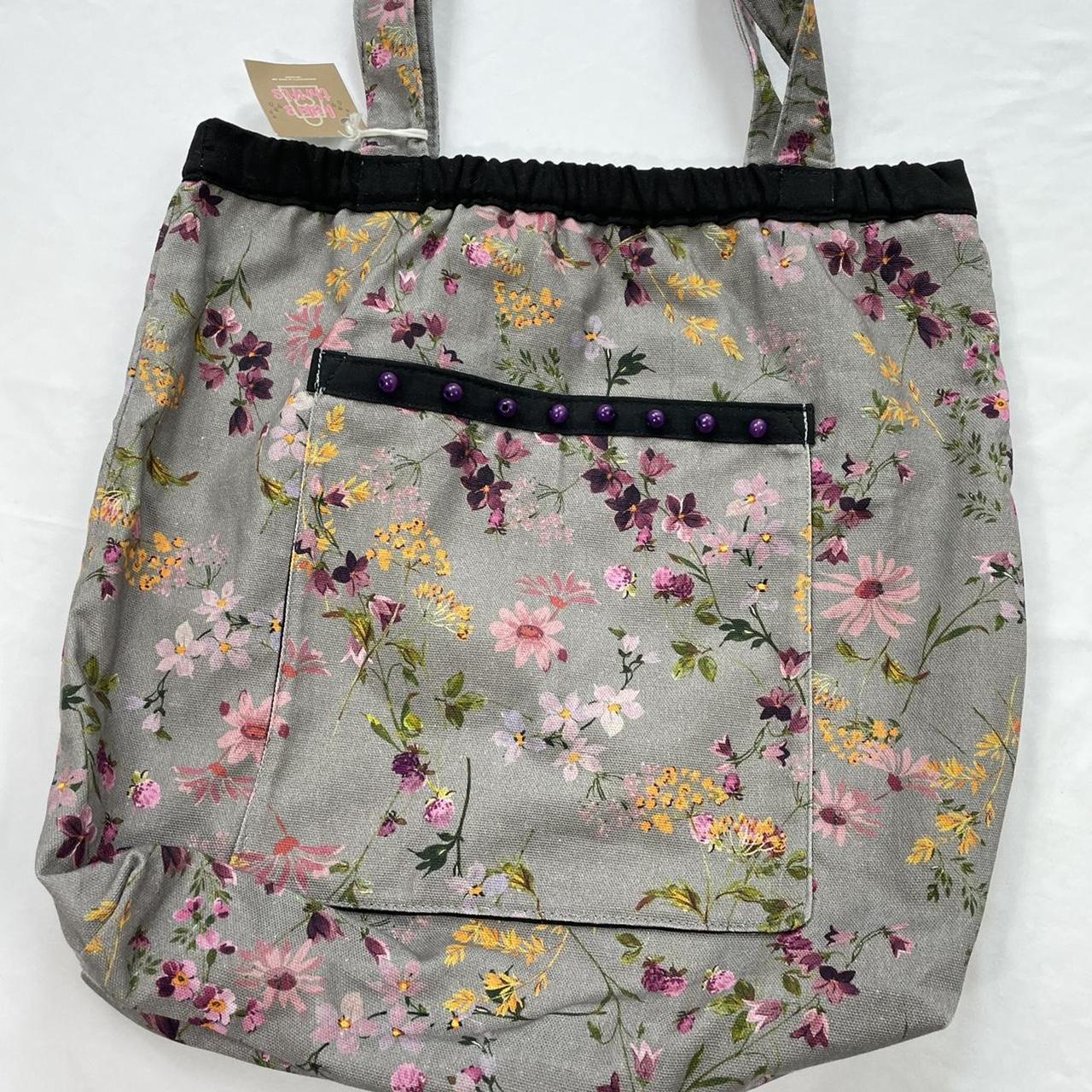 handmade grey floral tote bag outside pocket,... - Depop