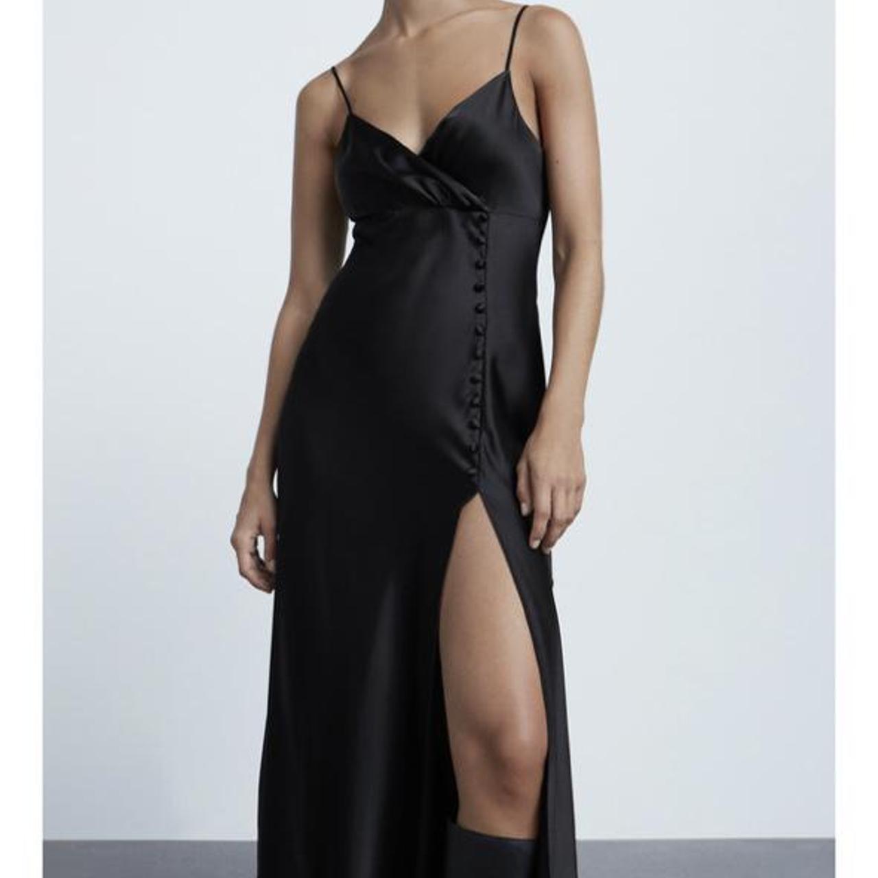 Amazing black satin black long dress from Zara, size... - Depop