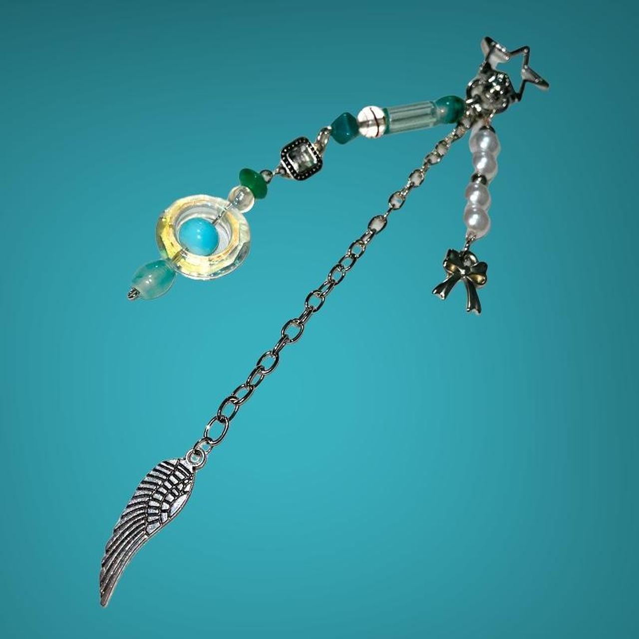 Blue aquamarine glass bead keychain with silver... - Depop